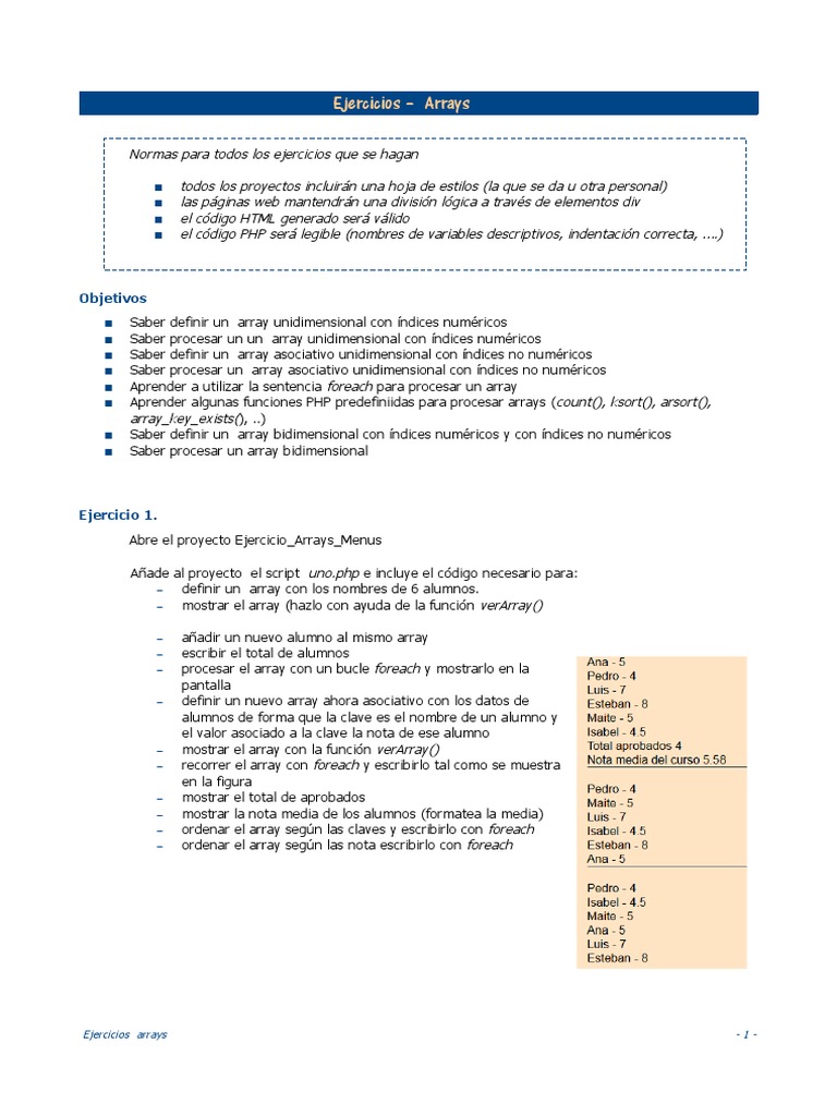 Ejercicios Arrays Pdf Estructura De Datos De Matriz Php