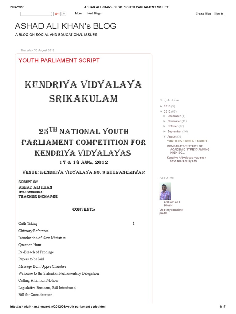 Ashad Ali Khan's Blog - Youth Parliament Script | PDF | Oath Of Office | Rape