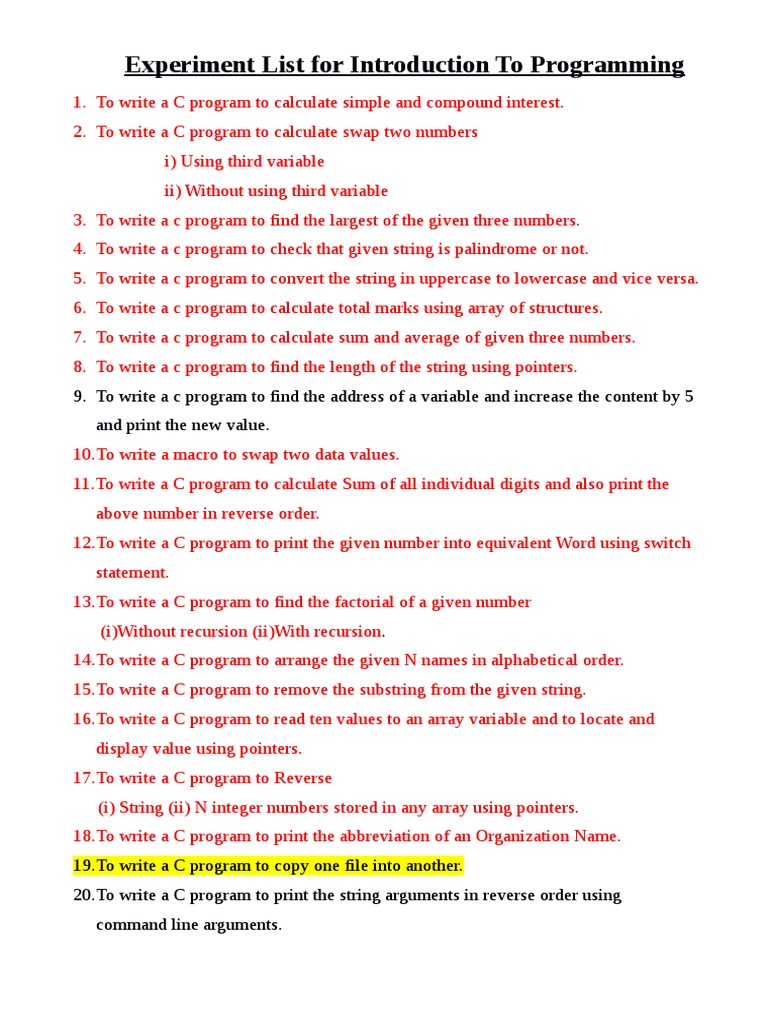 Experiment List For Introduction To Programming | PDF | Teaching ...