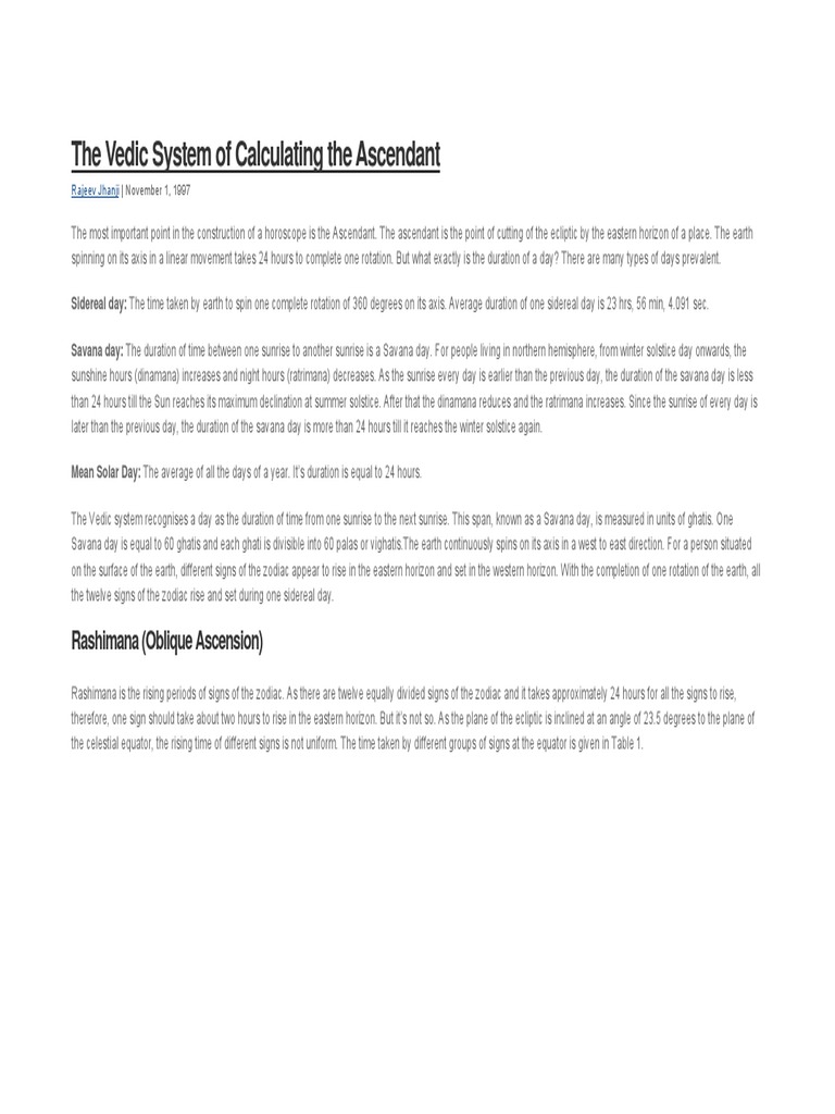 The Vedic System Of Calculating The Ascendant Pdf Astrological Sign