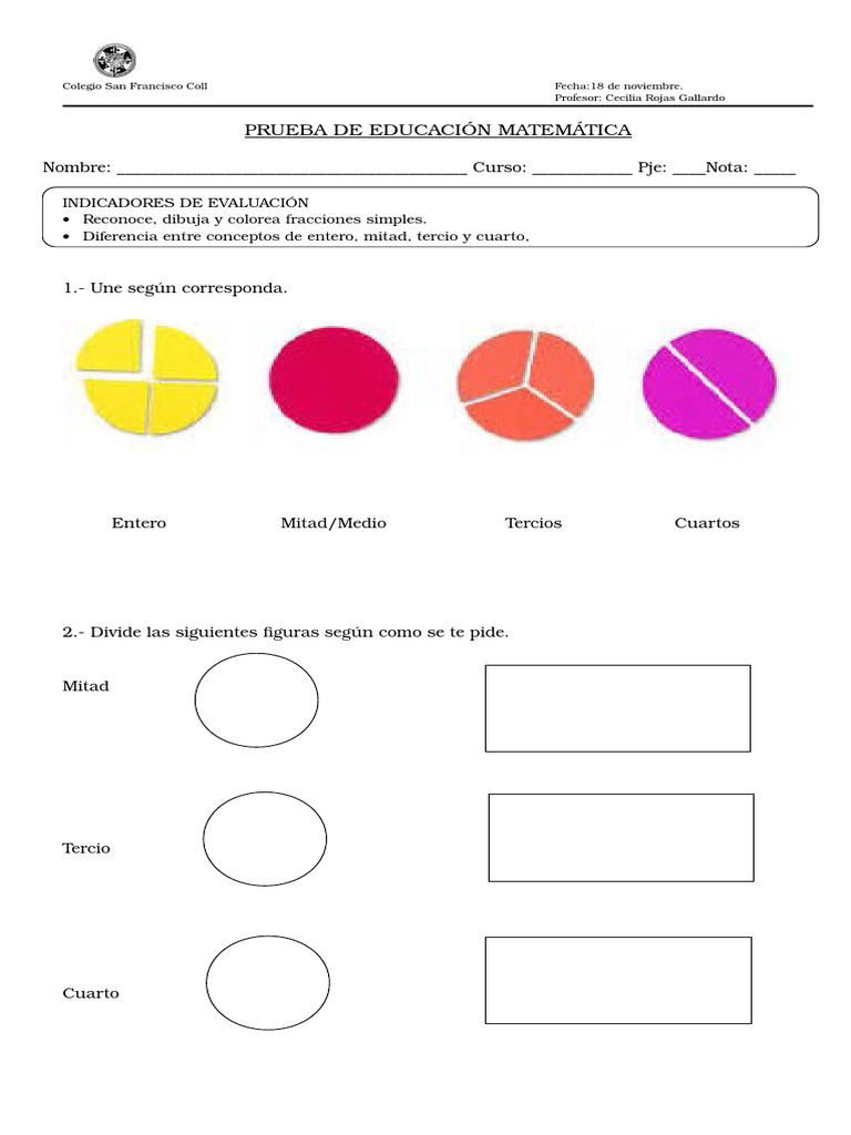 Prueba de fracciones para estudiantes de primaria | PDF