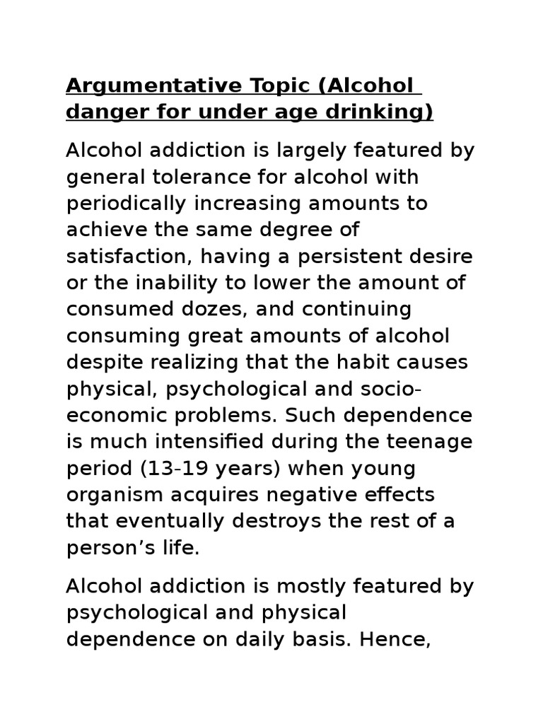 Argumentative Topic (Alcohol Danger For Under Age Drinking) | PDF