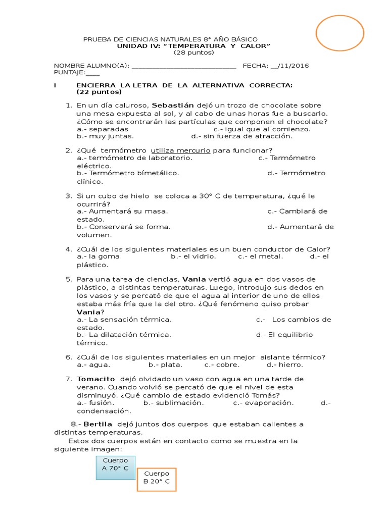 Prueba 8° Temperatura y Calor | PDF | Calor | Transferencia de calor