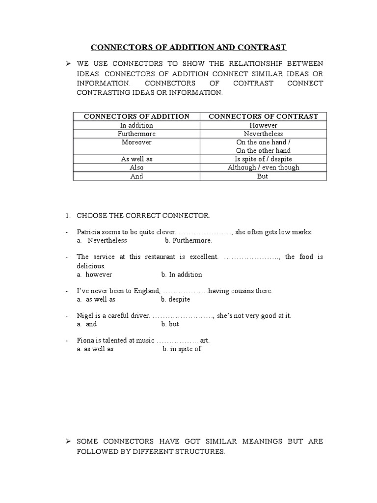 Connectors of Addition and Contrast | PDF | Rules | Linguistic Morphology