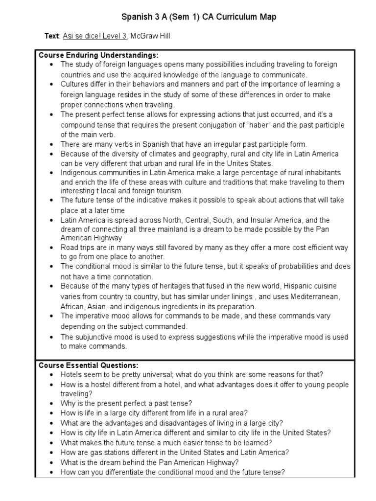 Spanish 3 Curriculum Map (20-A) | Download Free PDF | Grammatical Tense ...