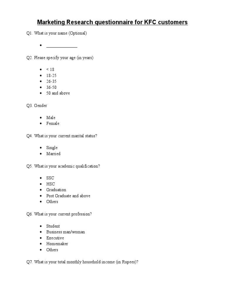 KFC Questionnaire | PDF | Economies | Food And Drink