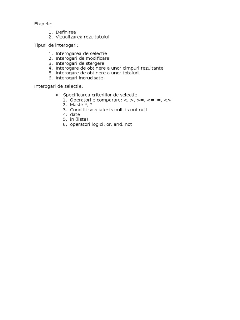 Interogari. Tipuri de Interogari. Intergari de Selectie | PDF