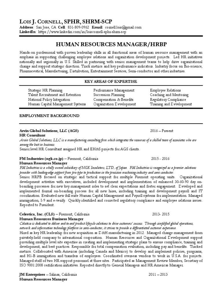 HR Manager Employee Relations in San Francisco Bay CA Resume Lois ...