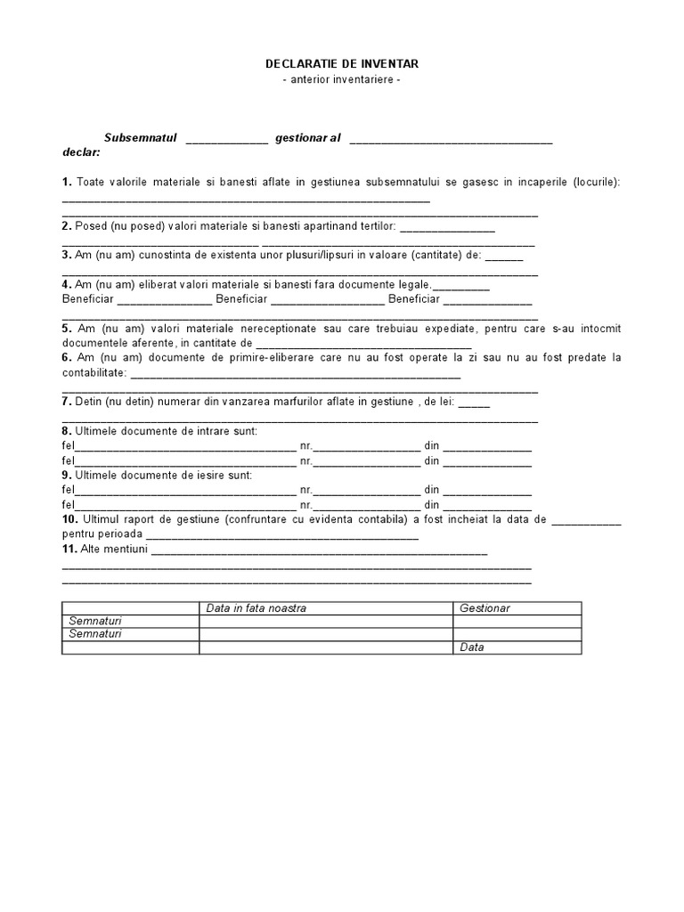 Model Declaratie Gestionar Inainte de Inventariere | PDF