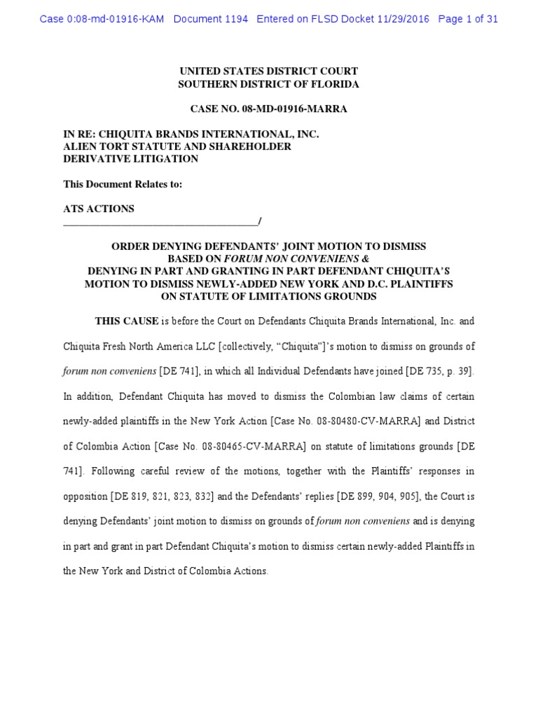 Chiquita Order Denying Motion To Dismiss For Forum Non Conveniens | PDF ...