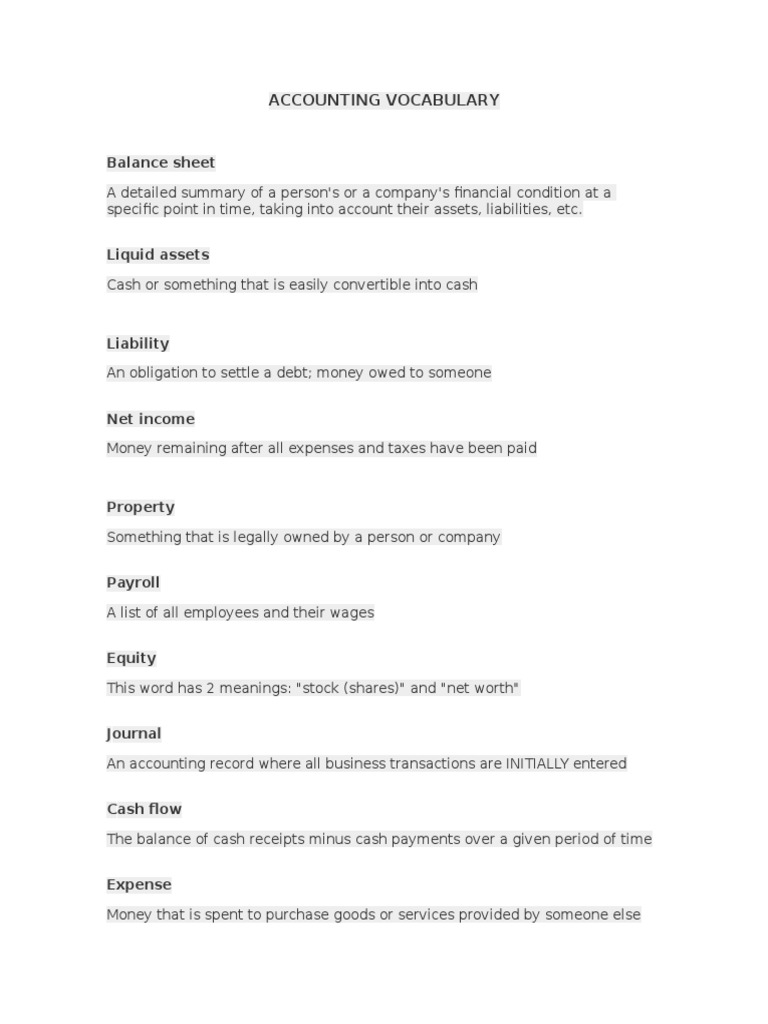 Accounting Vocabulary: Balance Sheet | PDF | Finance & Money Management