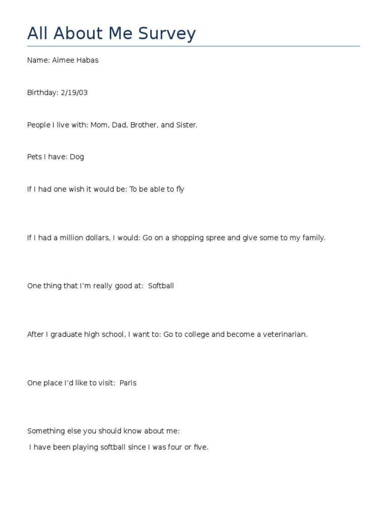 All About Me Survey - Habas | PDF