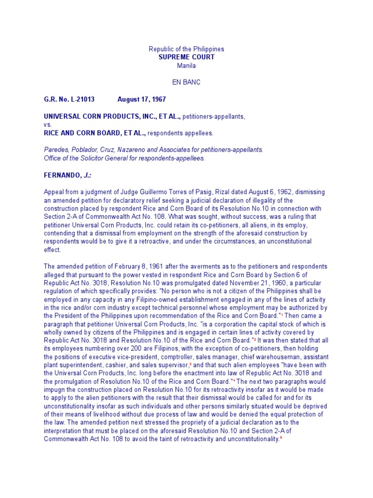 Universal Corn Products Case Ruling | PDF | Ex Post Facto Law | United ...