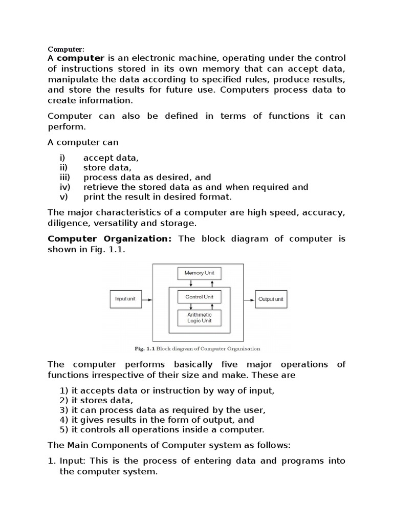 Computer:: Computer Organization: The Block Diagram of Computer Is ...