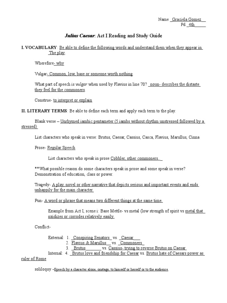 Julius Caesar Act I Study Guide | PDF | Marcus Junius Brutus The ...