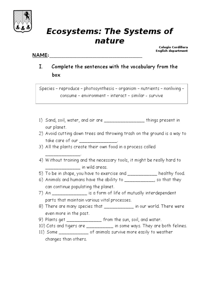 Ecosystems: The Systems of Nature: I. Complete The Sentences With The ...