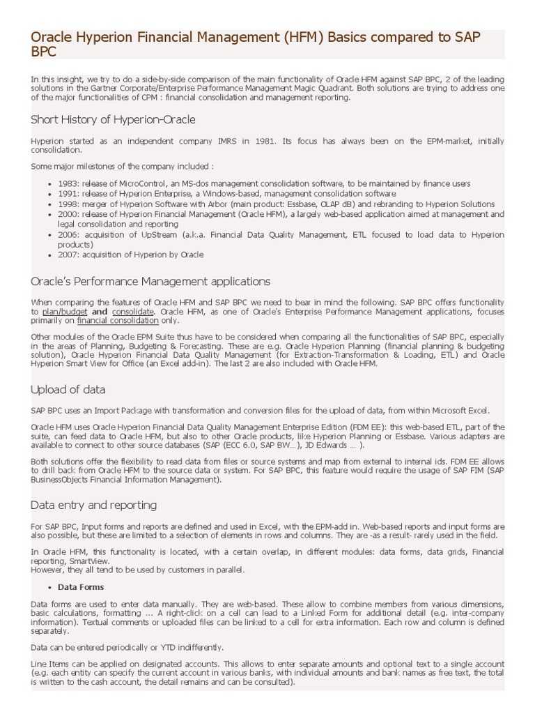 Oracle Hyperion Financial Management (HFM) Basics Compared To SAP BPC ...