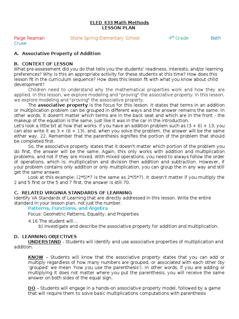 Associative Property Lesson Plan for 4th Grade | PDF | Educational ...