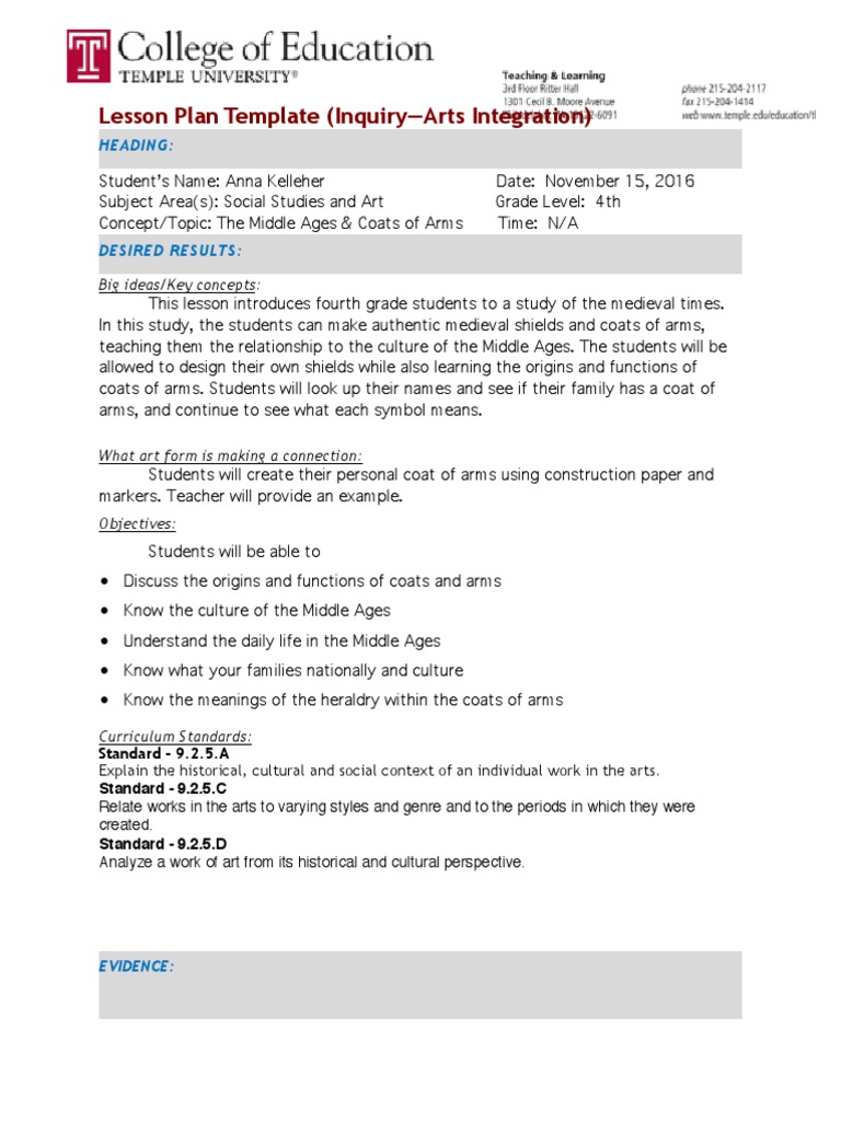 Lessonplan-Arts Integration-Annakelleher PDF | PDF | Lesson Plan | Heraldry