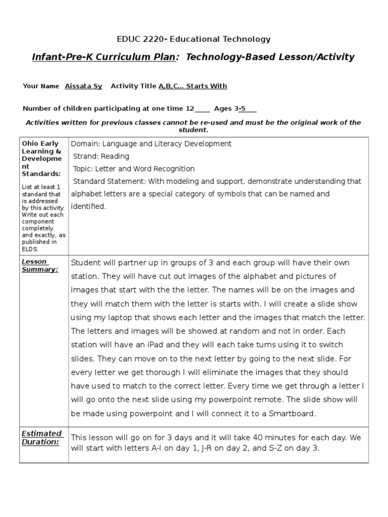 Ed Tech ECDE Activity Plan | PDF