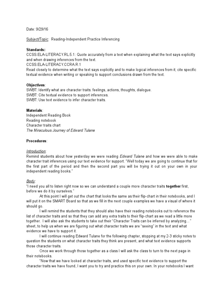 Inferencing Character Traits Lesson Plan | PDF | Inference