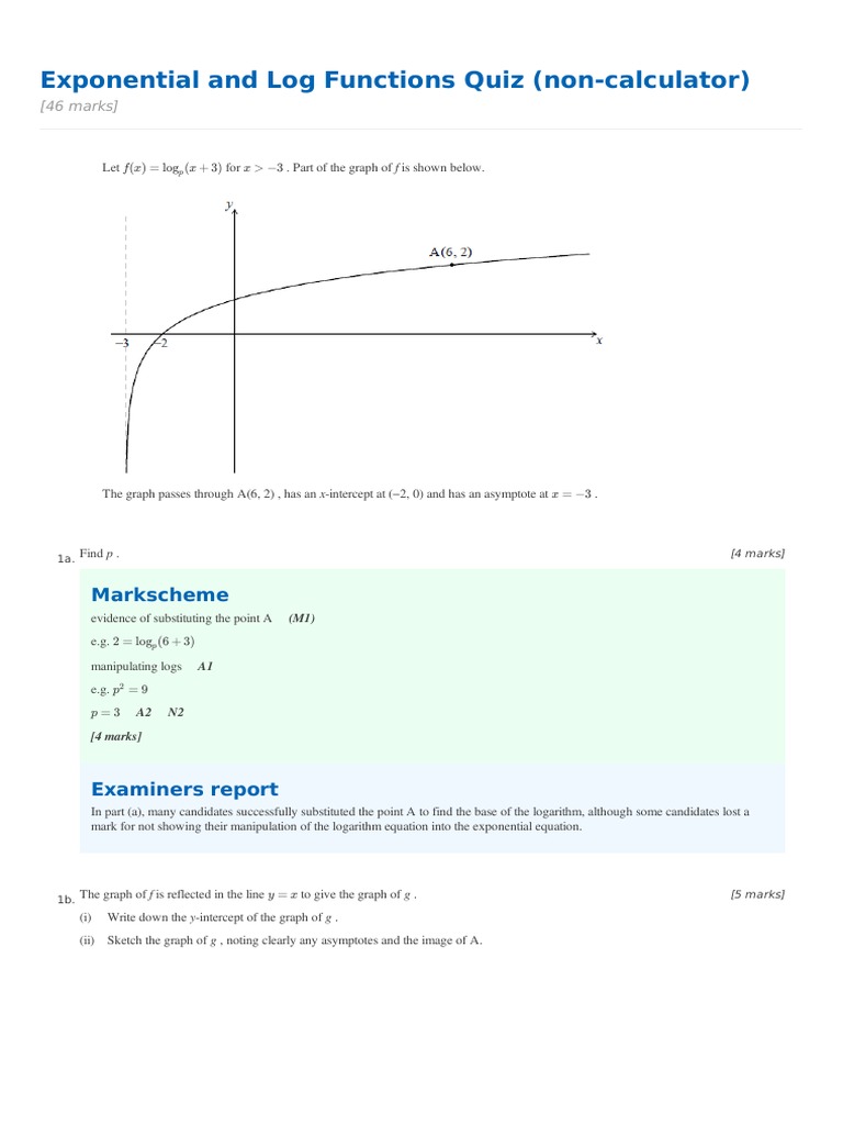 Exponential and Log Functions Quiz Non-Calculator Markscheme | PDF ...