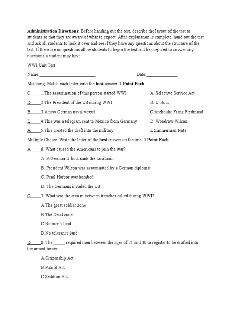Wwi Unit Test Answer Key | PDF | Woodrow Wilson | World War I