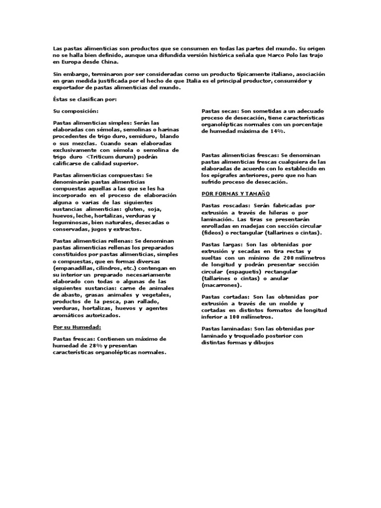 Clasificación de Pastas Alimenticias | PDF | Pasta | Trigo