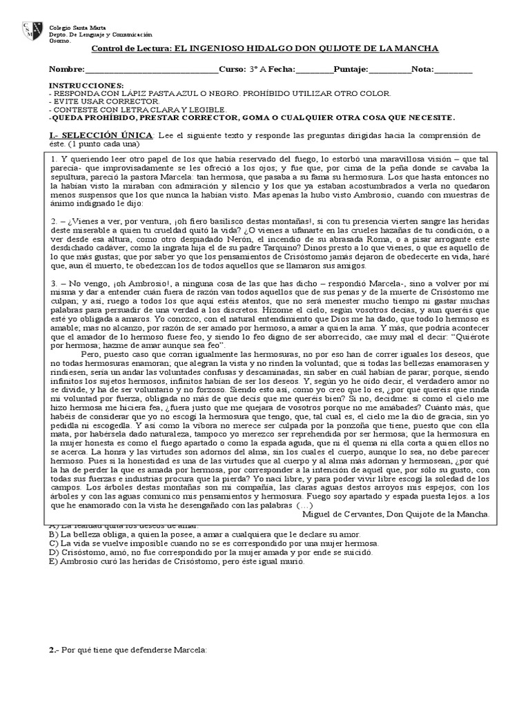Control de Lectura Don Quijote de La Mancha Prueba 2 | PDF | Don ...