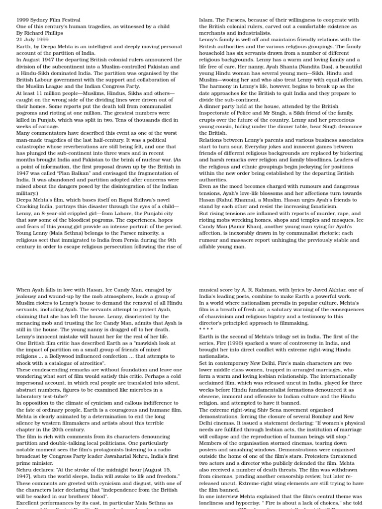 Earth, Deepa Mehta Summary | PDF | Partition Of India | British Raj
