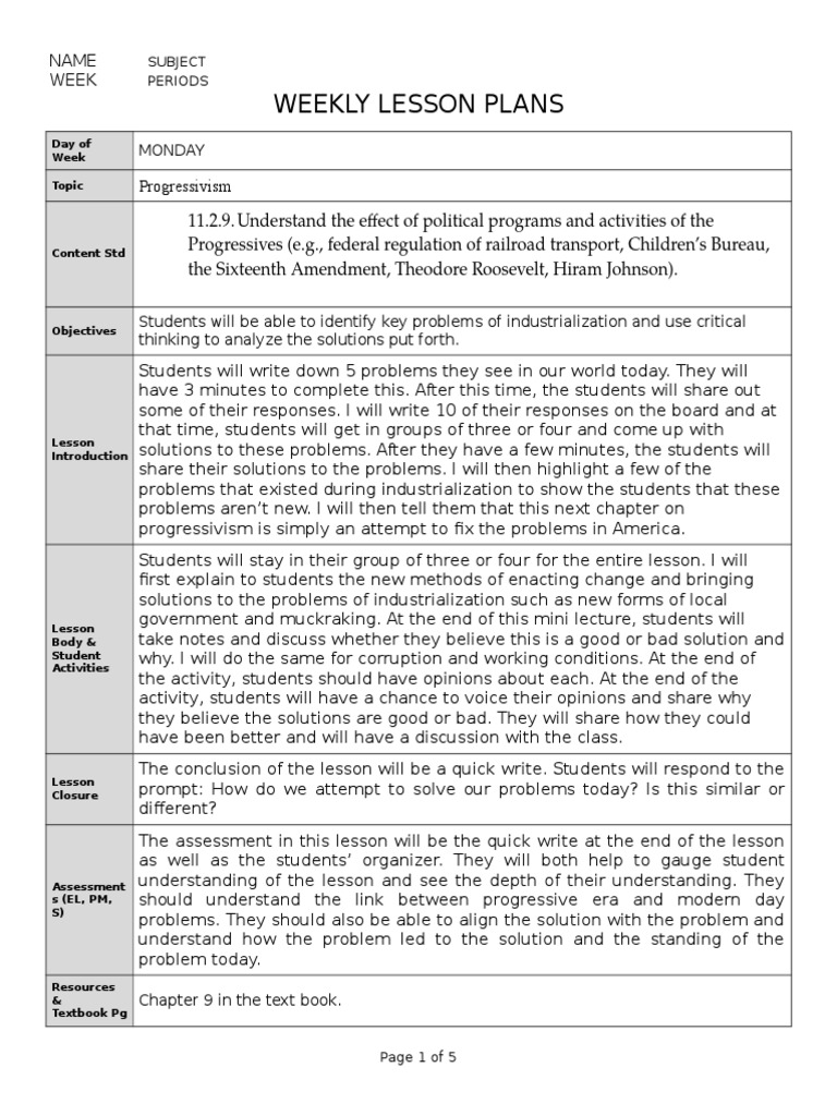 Weekly Lesson Plans-Long 9 | PDF | Progressivism In The United States ...