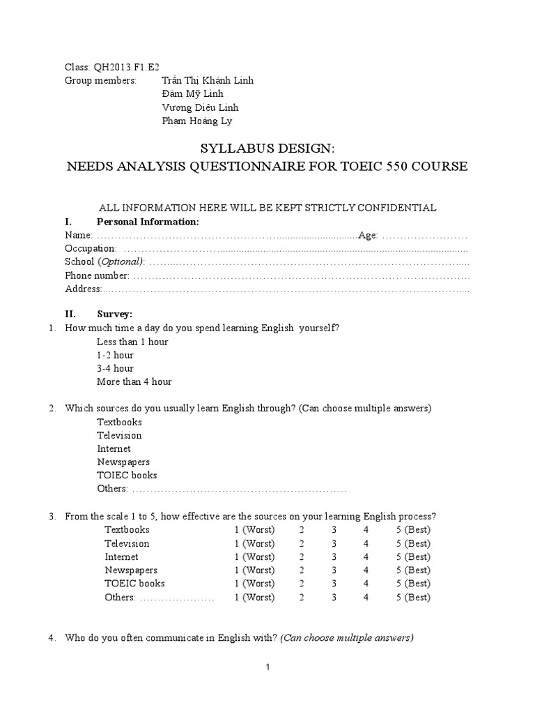 Questionnaire On Learner's Need - Syllabus Design | PDF | Test ...
