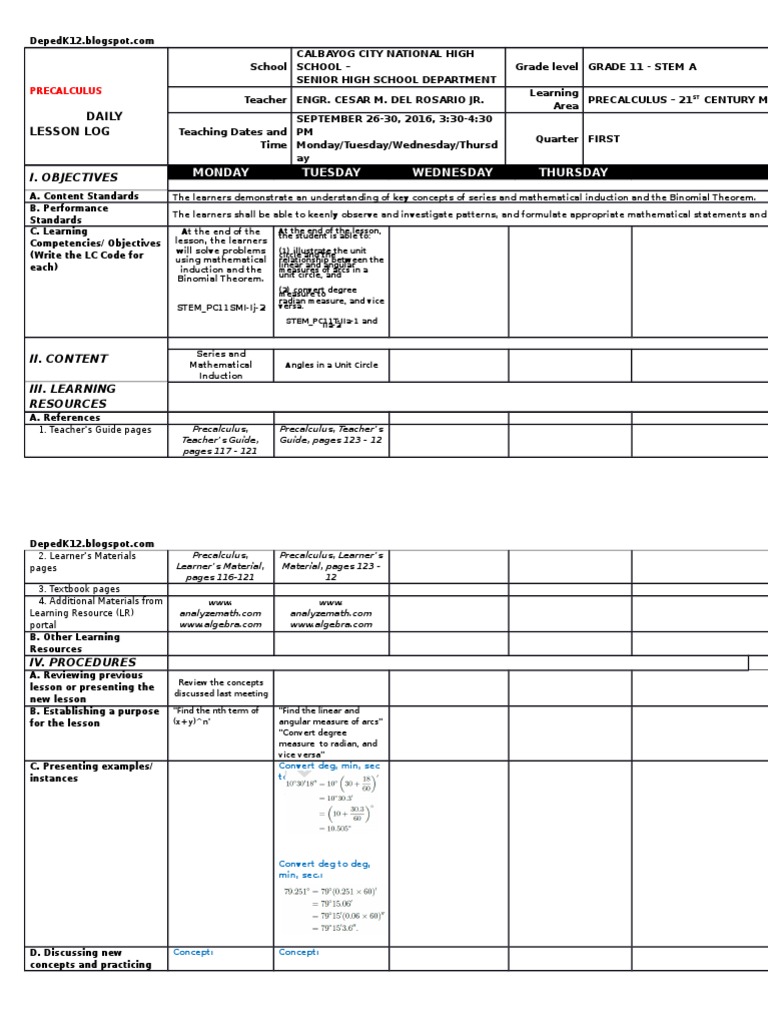 Precalculus Lesson Log for Grade 11 STEM | PDF | Angle | Line (Geometry)