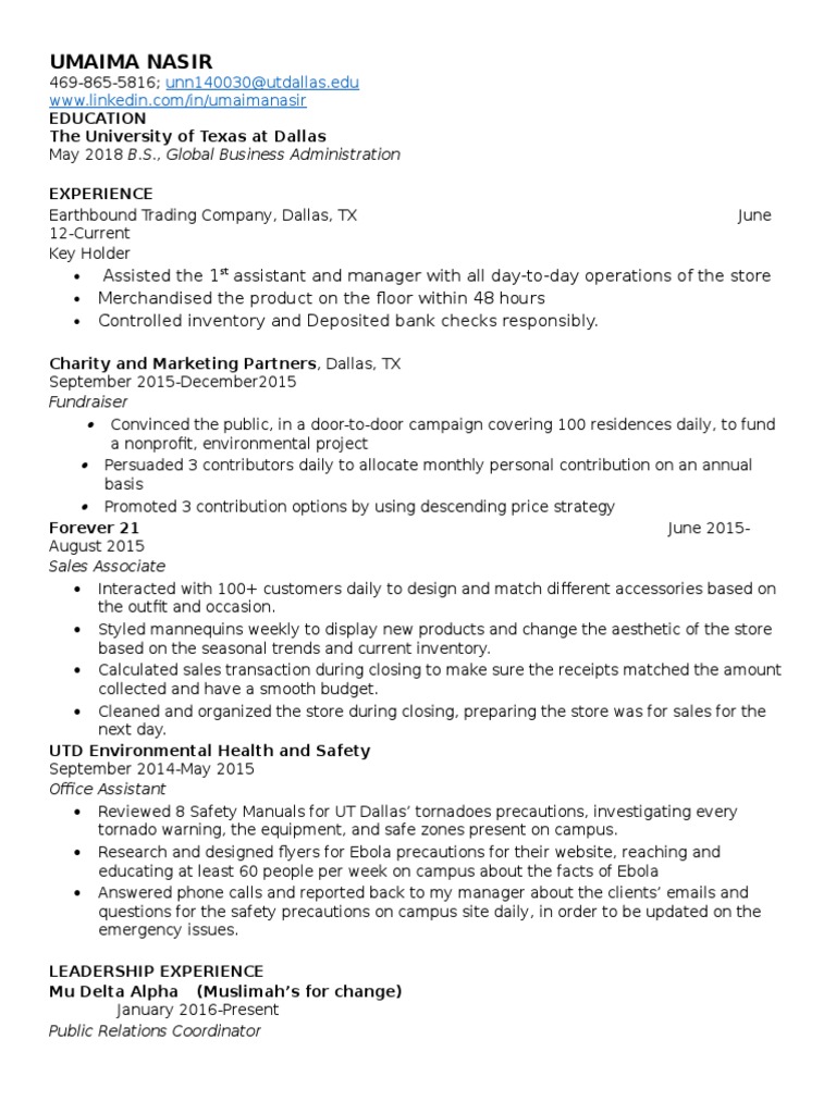 Resume October 2016 | PDF | University Of Texas At Dallas | Business
