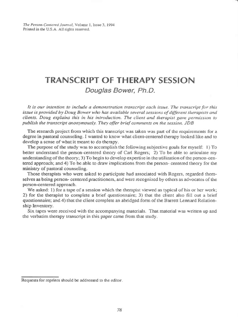 Transcript of Therapy Session by Douglas Bower | PDF | Psychotherapy ...
