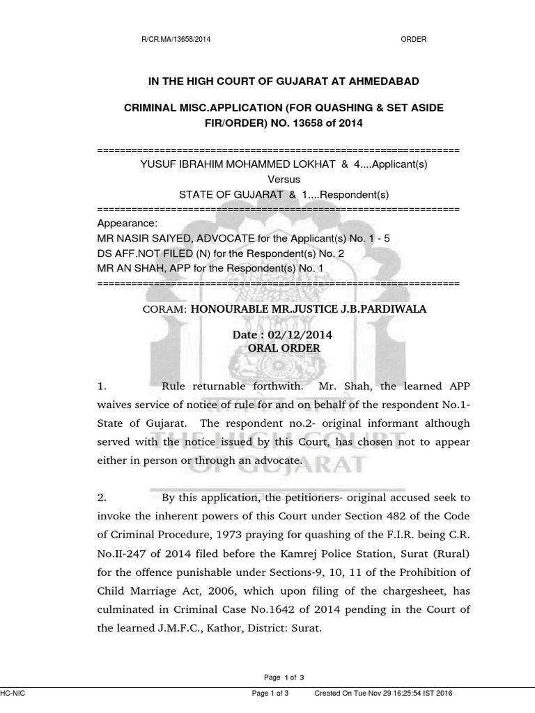 Gujarat High Court Judgement Child Marriages | PDF | Social ...