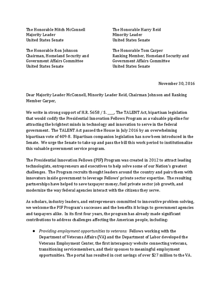 11-30-16 TALENT Act Letter of Support | PDF | Government | Science