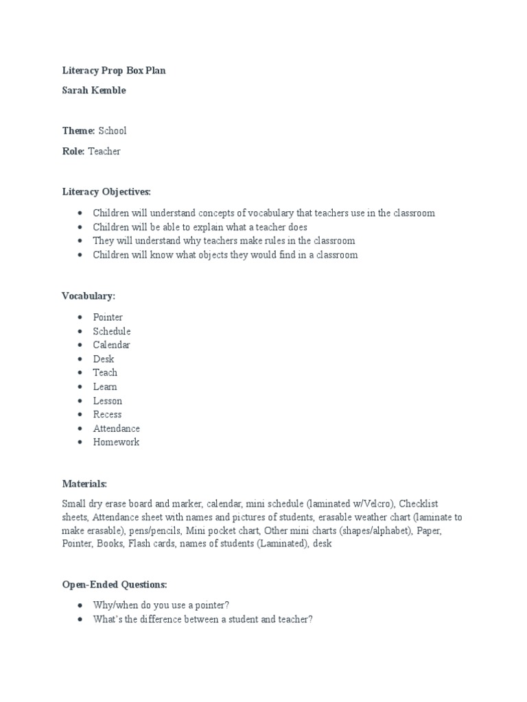 Literacy Prop Box Plan | PDF | Classroom | Teaching And Learning