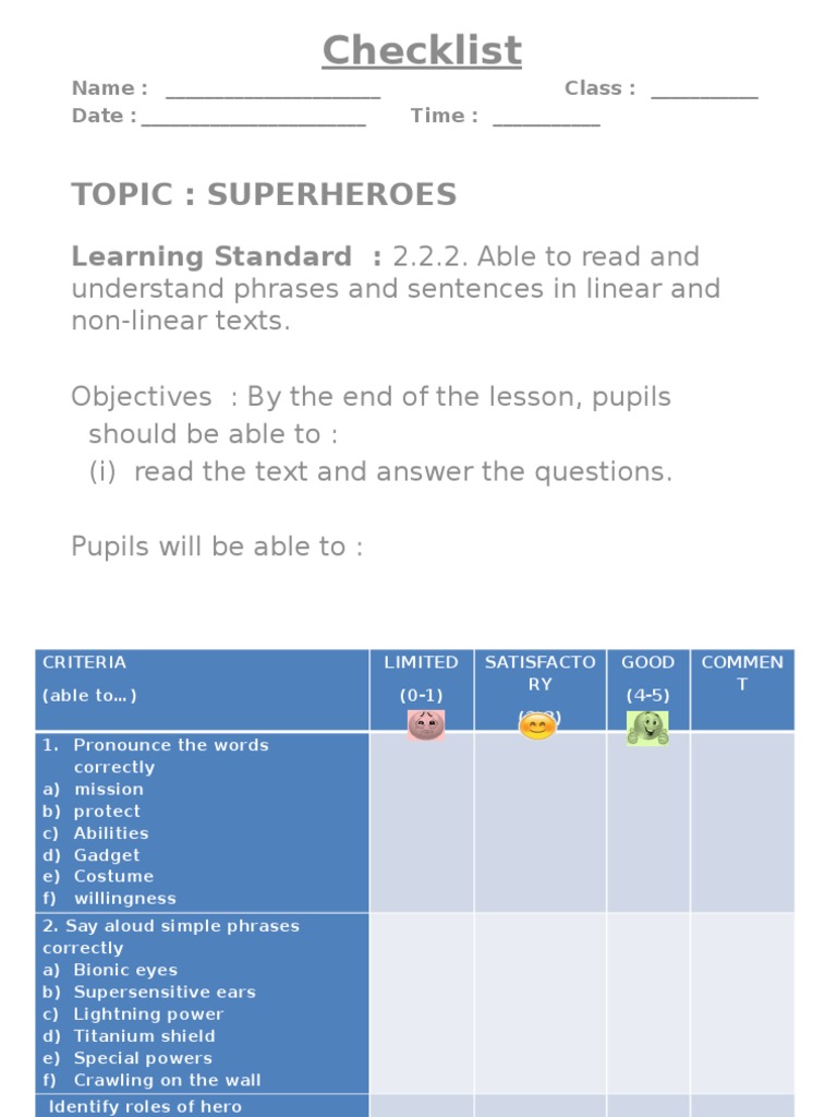 Checklist: Topic: Superheroes | PDF | Teaching Methods & Materials ...