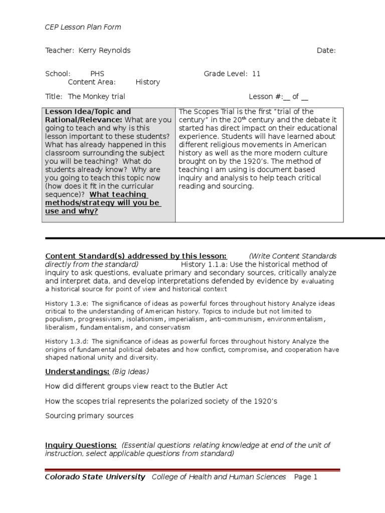 Scopes Monkey Trial Lesson Plan | PDF | Lesson Plan | Educational ...