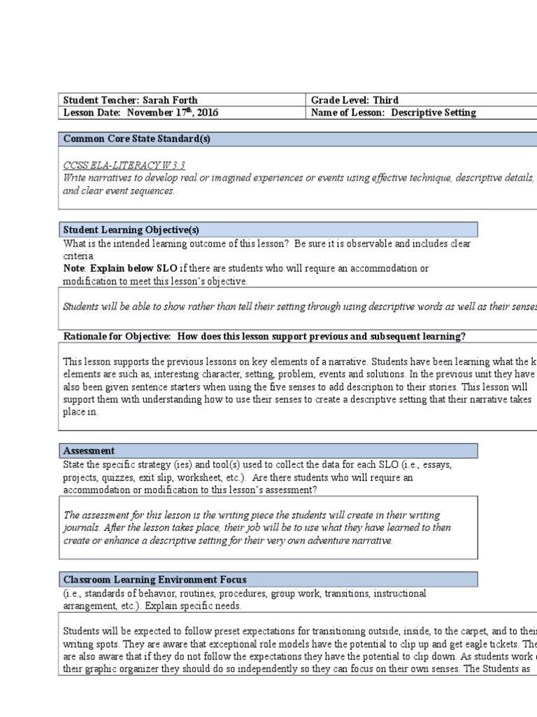 Lesson 3 Descriptive Setting | Educational Assessment | Narrative