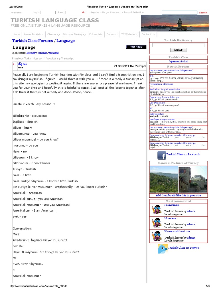 Pimsleur Turkish Lesson 1 Vocabulary Transcript | PDF | Internet Forum ...