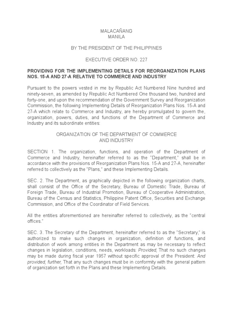 Providing For The Implementing Details For Reorganization Plans Nos. 15 ...