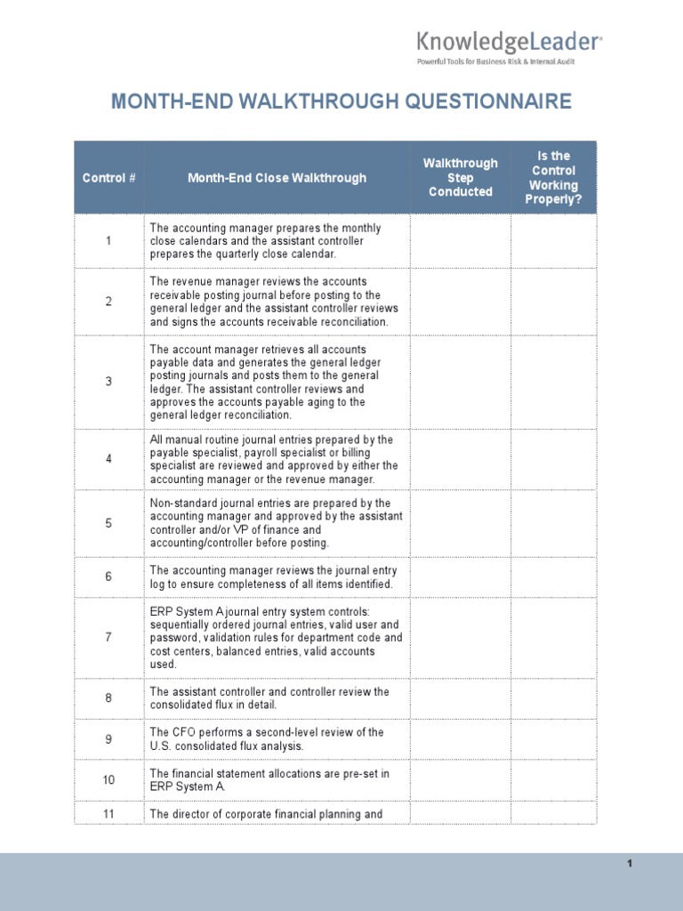 Month-End Walkthrough Diagnostic Questionnaire | PDF | Balance Sheet ...