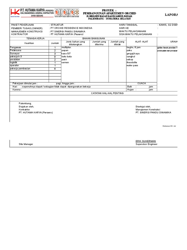 Form Laporan Harian Proyek Konstruksi | PDF