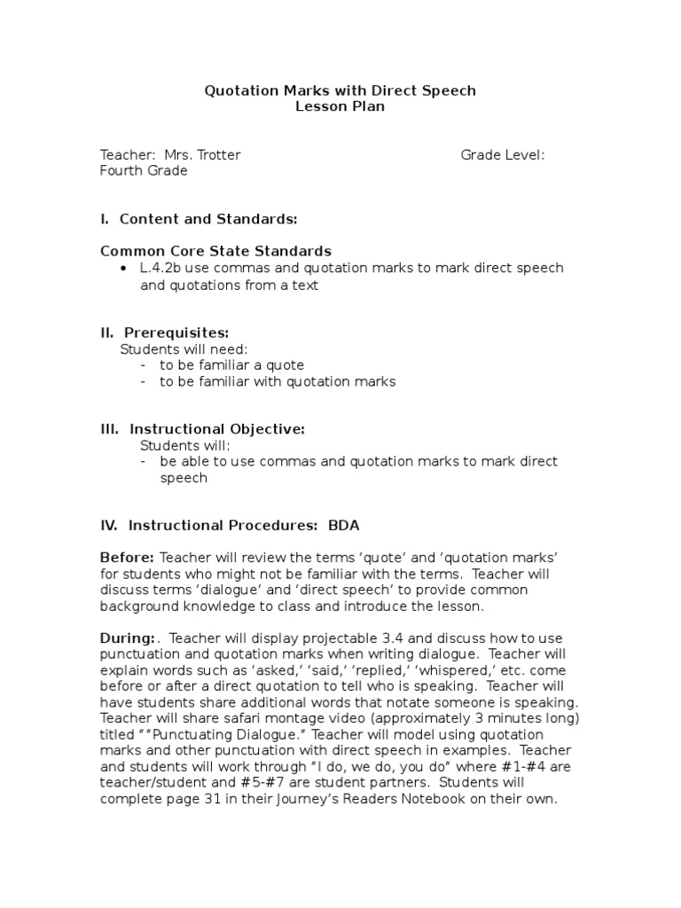 Quotation Marks With Direct Speech | PDF | Quotation Mark | Educational ...