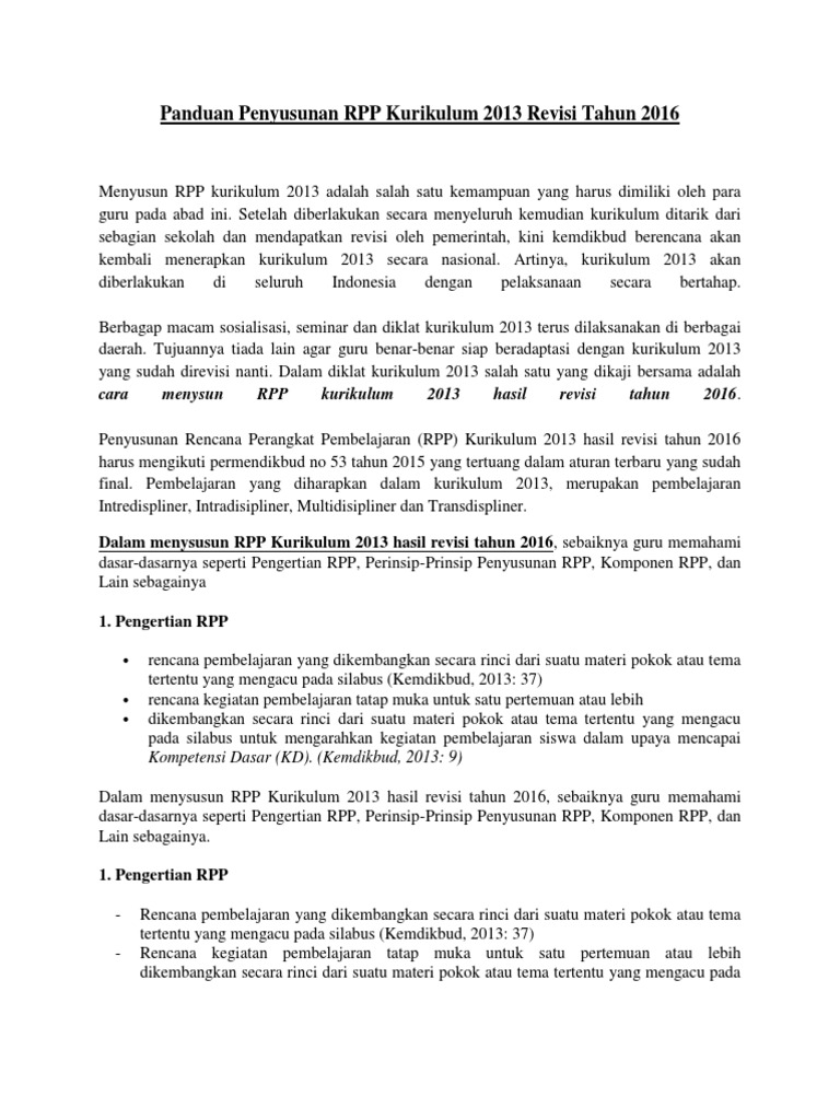 Panduan Cara Menyusun RPP Kurikulum 2013 Revisi 2016 | PDF