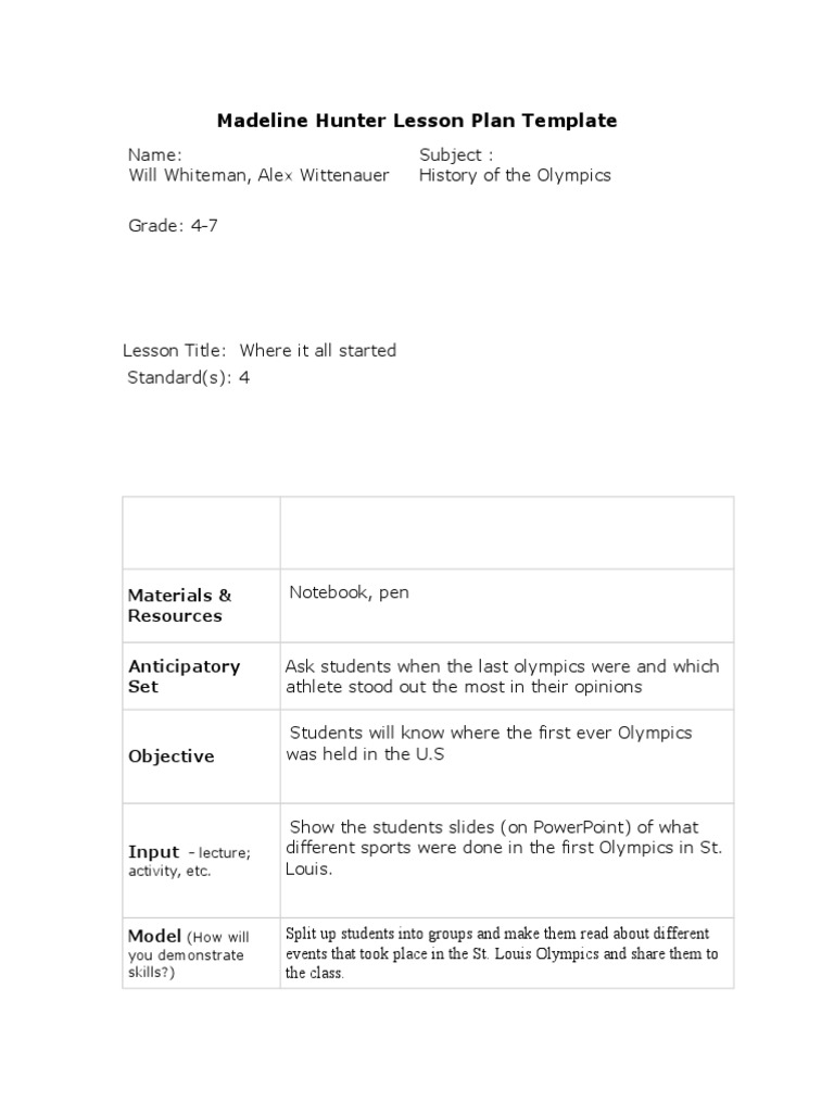 Madeline Hunter Lesson Plan Template: Materials & Resources ...