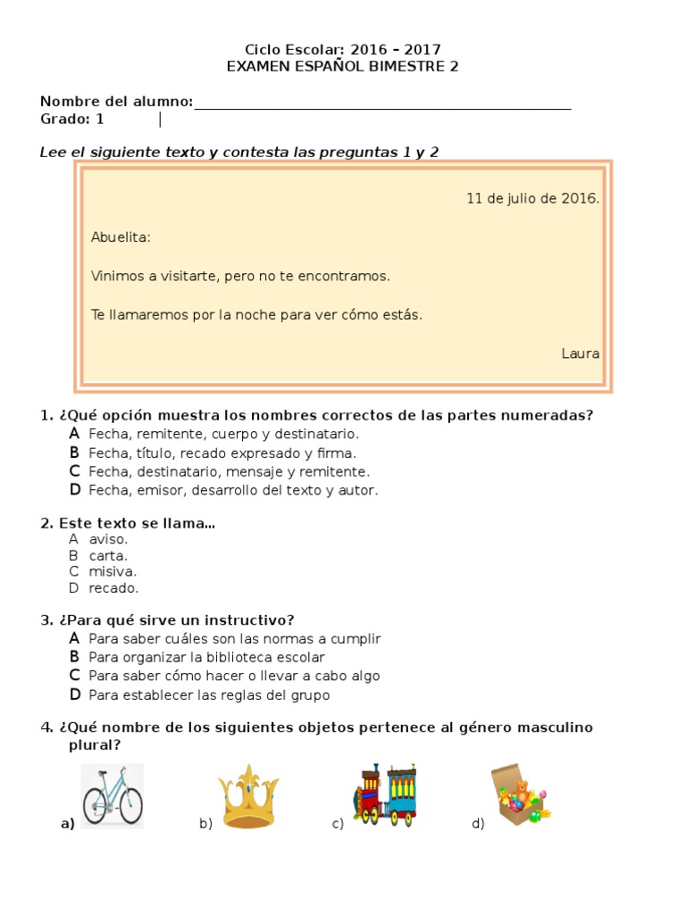 Examen B2 ESPAÑOL 1 de Primaria | PDF | Ocio