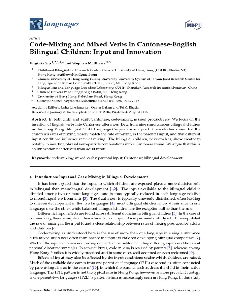 Languages: Code-Mixing and Mixed Verbs in Cantonese-English Bilingual ...